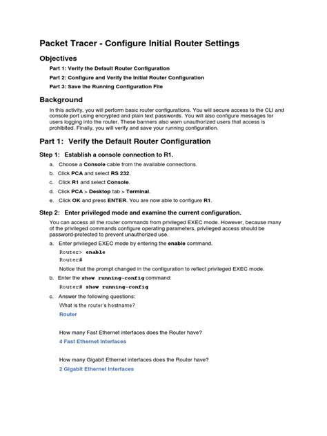 packet tracer configure initial router settings objectives pdf
