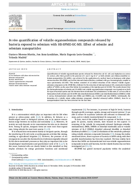 Pdf In Vivo Quantification Of Volatile Organoselenium Compounds