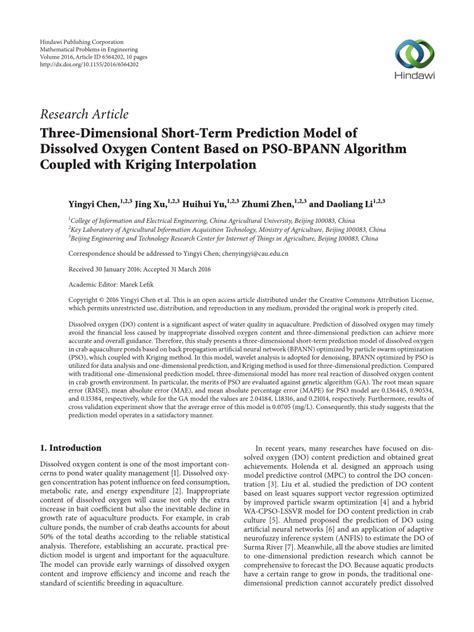 Pdf Three Dimensional Short Term Prediction Model Of Dissolved Oxygen Content Based On Pso