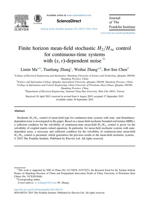 Pdf Finite Horizon Mean Field Stochastic H2h∞ Control For Continuous