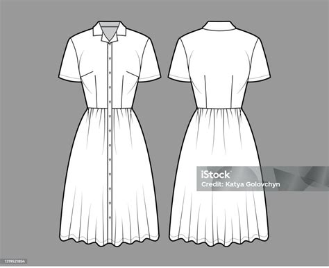 드레스 셔츠 기술 패션 일러스트 와 반 소매 캠프 칼라 장착 된 몸 무릎 길이 풀 스커트 버튼 0명에 대한 스톡 벡터 아트 및 기타 이미지 Istock