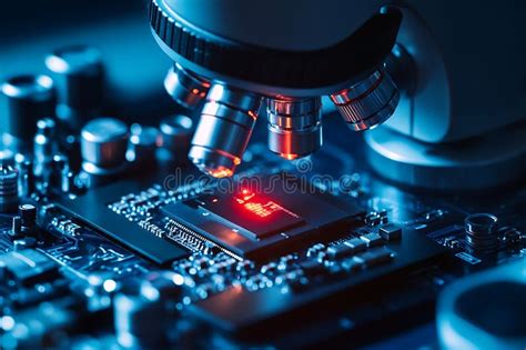 Microscopic Examination Of Circuit Board High Tech Semiconductor Technology Closeup Stock