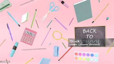 파스텔 핑크 배경에 학교 개념으로 창조적 인 복귀 학생들을위한 모든 학용품 연필 공책 통치자 책 가위 0명에 대한 스톡 사진 및 기타 이미지 Istock