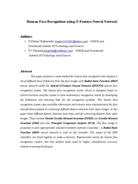 human face recognition using n feature neural network authors pdf