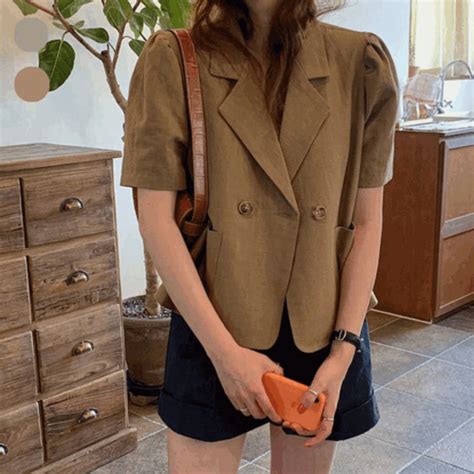 린넨 카라 퍼프 더블 숏 자켓 카멜 그린 여성 여자 오피스룩 하객룩 데일리