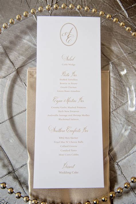 Long Rectangle Wedding Menu With Gold Script And Monogram Wedding