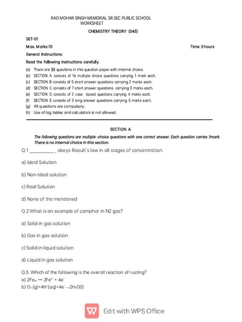 Chemistry Practice Paper Set 01 Pdf