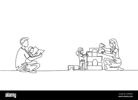 One Single Line Drawing Of Young Dad Reading Book To Son And Mom