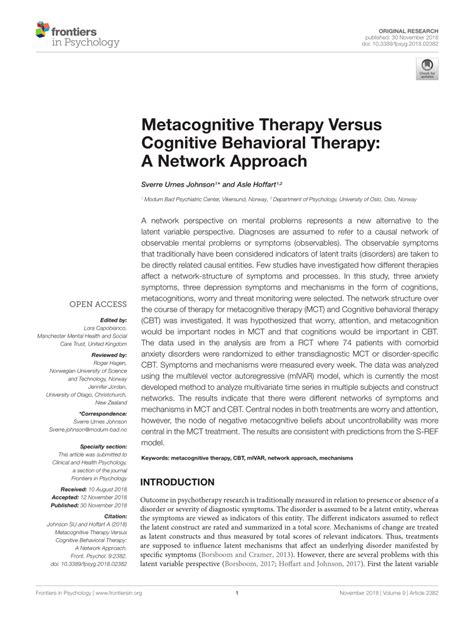 Pdf Metacognitive Therapy Versus Cognitive Behavioral Therapy A Network Approach