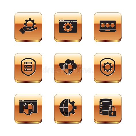 Set Hand Settings Gear Browser With Shield Globe Of The Earth Cloud Server Laptop Password