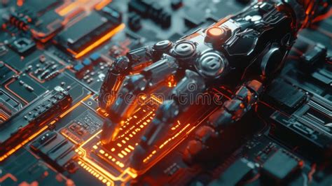 Futuristic Robotic Hand Interacting With A Circuit Board Design Stock Illustration