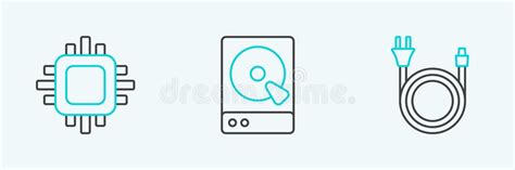 Set Line Electric Plug Processor With Cpu And Hard Disk Drive Hdd Icon Vector Stock Vector