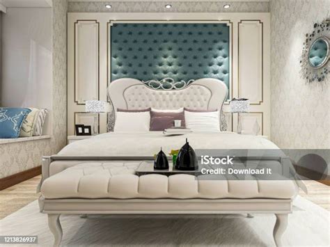 3d 렌더링 깨끗하고 깔끔한 유럽 스타일의 침실 옆에 큰 침대와 옷장 0명에 대한 스톡 사진 및 기타 이미지 0명 가구 가정 생활 Istock