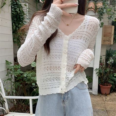 퍼니 시스루 브이넥 펀칭 물결 여름 긴팔 가디건4colors