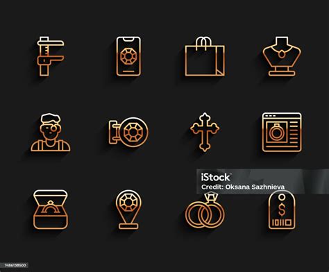 상자 안의 다이아몬드 약혼 반지 보석 가게 캘리퍼 캘리퍼스 및 저울 결혼 반지 달러가 있는 가격표 온라인 쇼핑 및 기독교 십자가 아이콘을 설정합니다 벡터 3월에 대한 스톡