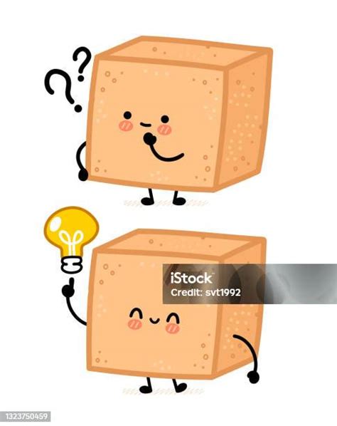 물음표와 아이디어 전구와 귀여운 갈색 지팡이 설탕 조각 큐브 문자 벡터 플랫 라인 만화 가와이 캐릭터 일러스트 흰색 배경에 격리 슈가 큐브 캐릭터 컨셉 가공의 인물에 대한