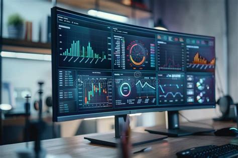 Curved Monitor Displaying Data Analysis Graphs Stock Illustration