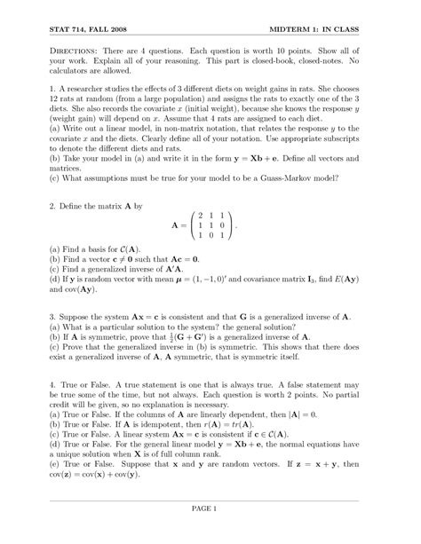 midterm exam for linear statistical models stat 714 docsity