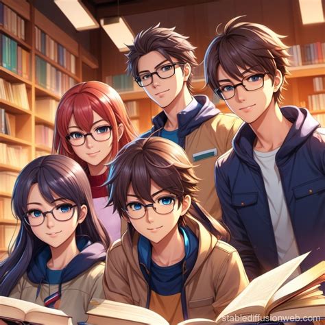 Studious Group With Glasses And Books Stable Diffusion Online