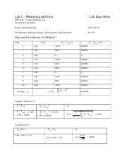 Phy110 Lab 1 Measurement And Error Lab Data Sheet Docx Lab 1