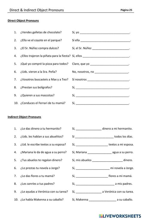 Direct And Indirect Object Pronouns Indirect Object Pronouns Spanish Pronoun Worksheets