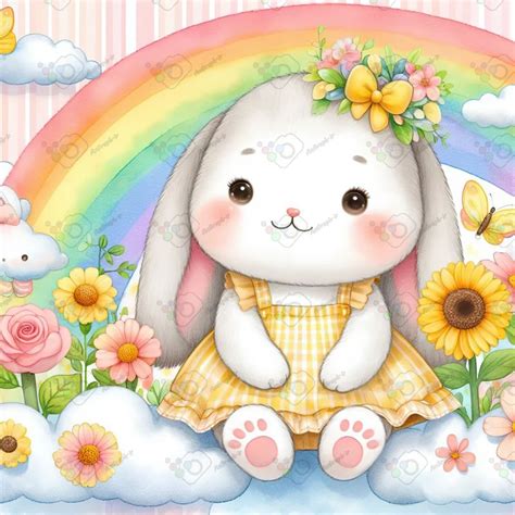 بک گراند کودکانه خرگوش ناز در باغ گلهای آفتابگردون با رنگین کمان کد