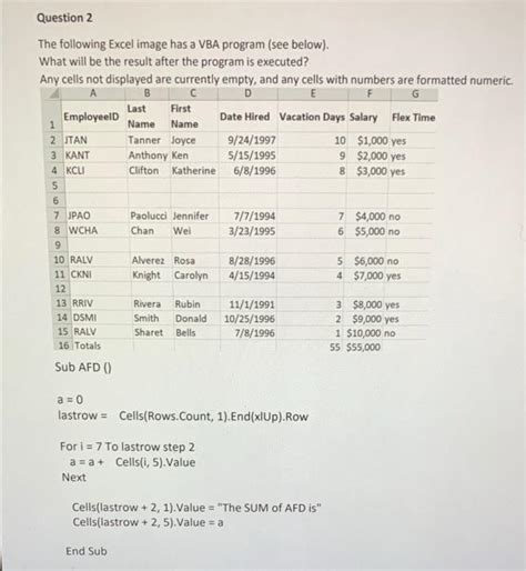 Solved Question 2 The Following Excel Image Has A Vba