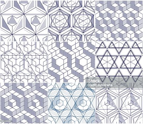 기하학적 라인 추상 원활한 패턴 세트 3d 벡터 배경 큐브 컬렉션 기술 스타일 엔지니어링 라인 그리기 끝없는 그림 3차원 형태에