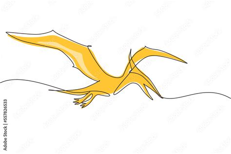 Continuous One Line Drawing Flying Pterodactyl Dinosaur Isolated On White Background Extinct