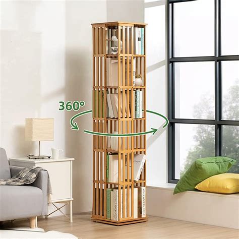 360 Rotating Bookshelf Bamboo Storage Display Rack Shelving Wood