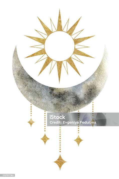 초승달과 태양 밀교 기호와 상징 점성술과 밀교를 주제로 한 수채화 삽화 격리 디자인 인쇄 직물 또는 배경을 위한 최소한의 그림 금색에 대한 스톡 벡터 아트 및 기타 이미지