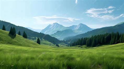 Green Grass Field In The Mountains Premium Ai Generated Image