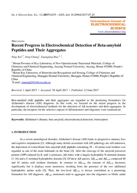 Pdf Recent Progress In Electrochemical Detection Of Beta Amyloid Peptides And Their Aggregates