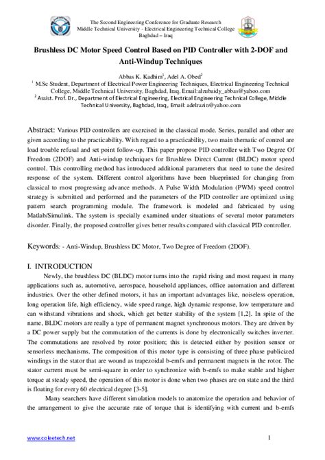 Pdf Brushless Dc Motor Speed Control Based On Pid Controller With 2 Dof And Anti Windup Techniques