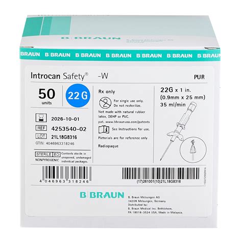 B Braun Medical Peripheral Iv Catheter Introcan Safety 22 Gauge 1 Inch Sliding Safety Needle