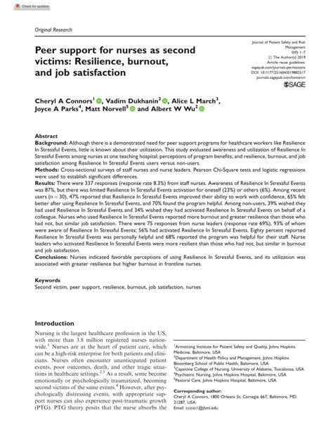Pdf Peer Support For Nurses As Second Victims Resilience Burnout