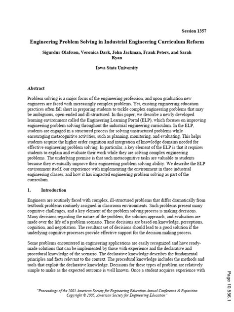 Engineering Problem Solving In Industrial Engineering Curriculum Reform