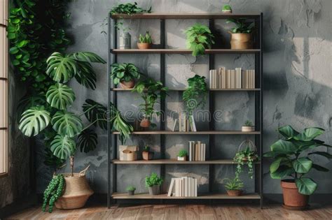 Modern Wooden Bookshelf With Plants In Interior Stock Illustration Illustration Of Ecofriendly