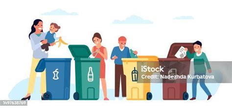 어린이와 부모는 쓰레기를 분류하는 법을 배웁니다 사람들은 재활용을 위해 쓰레기를 쓰레기통에 버립니다 쓰레기 활용 오염 처리 분리 용기를 재사용하십시오 벡터 개념 쓰레기에