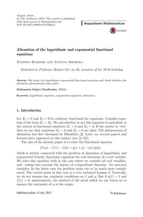 Pdf Alienation Of The Logarithmic And Exponential Functional Equations