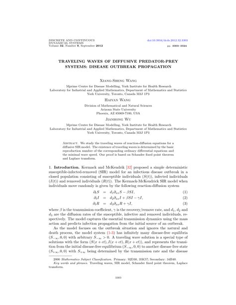Pdf Traveling Waves Of Diffusive Predator Prey Systems Disease Outbreak Propagation