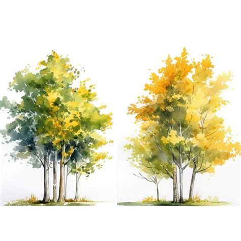 Premium AI Image Tree Watercolor Painted Landscape Set Nature Garden Painting Architecture