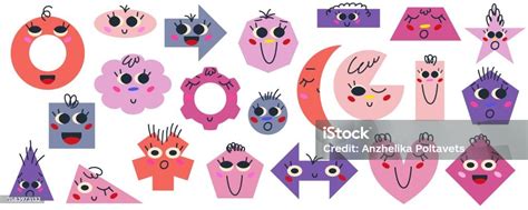 수학 교육을 위한 그림 문자 모양 세트 아이를 위한 기하학적인 귀여운 미소 캐릭터 유치원 게임을 위한 이모티콘 얼굴로 수학을 그림 벡터 만화 일러스트레이션 디자인입니다