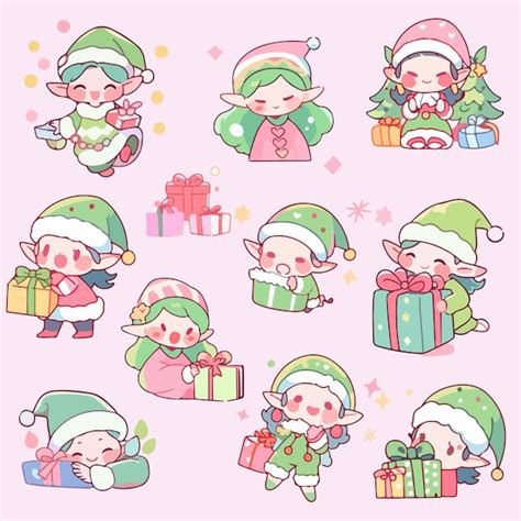 귀여운 카와이 크리스마스 엘프 만화 ⁇ 화 프리미엄 벡터