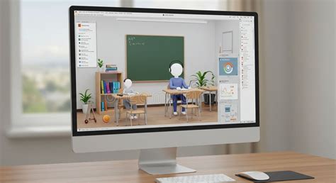 A Computer Monitor Displays A 3d Rendered Classroom Scene Inside The Scene A Stock