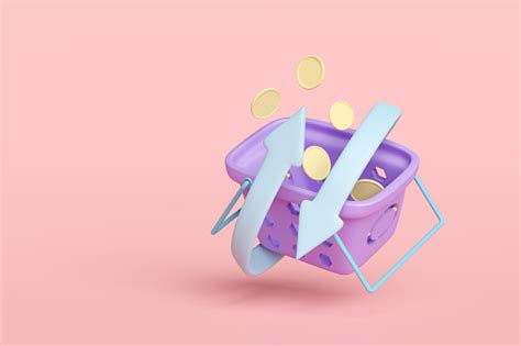 쇼핑 카트가 있는 3d 동전 분홍색 배경에 분리된 바구니 전송 화살표 캐쉬백 비용 절감 개념 3d 렌더링 일러스트레이션 0명에 대한 스톡 사진 및 기타 이미지 Istock