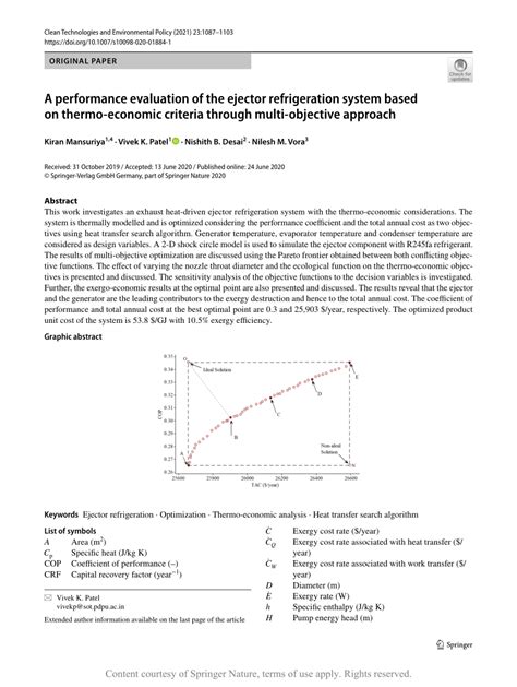 A Performance Evaluation Of The Ejector Refrigeration System Based On Thermo Economic Criteria