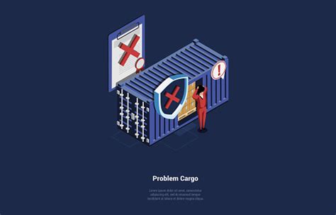 만화 3d 스타일의 벡터 일러스트레이션 텍스트 및 개체가 있는 어두운 배경의 등색 구성입니다 문제화물 개념 디자인 상자의 창고 저장 근처 충격 남성 노동자 거절 마크 문제에