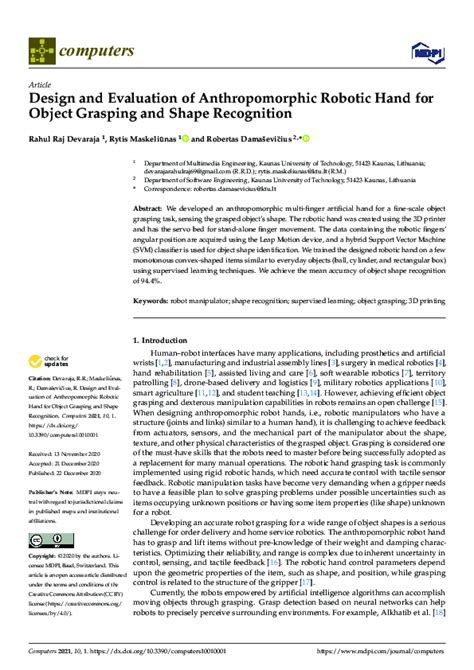 pdf design and evaluation of anthropomorphic robotic hand for object