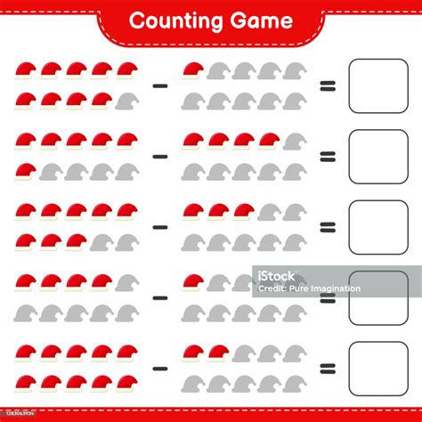 게임을 계산 산타 모자의 수를 계산하고 결과를 작성합니다 교육 어린이 게임 인쇄 워크 시트 벡터 일러스트레이션 0명에 대한 스톡 벡터 아트 및 기타 이미지 Istock